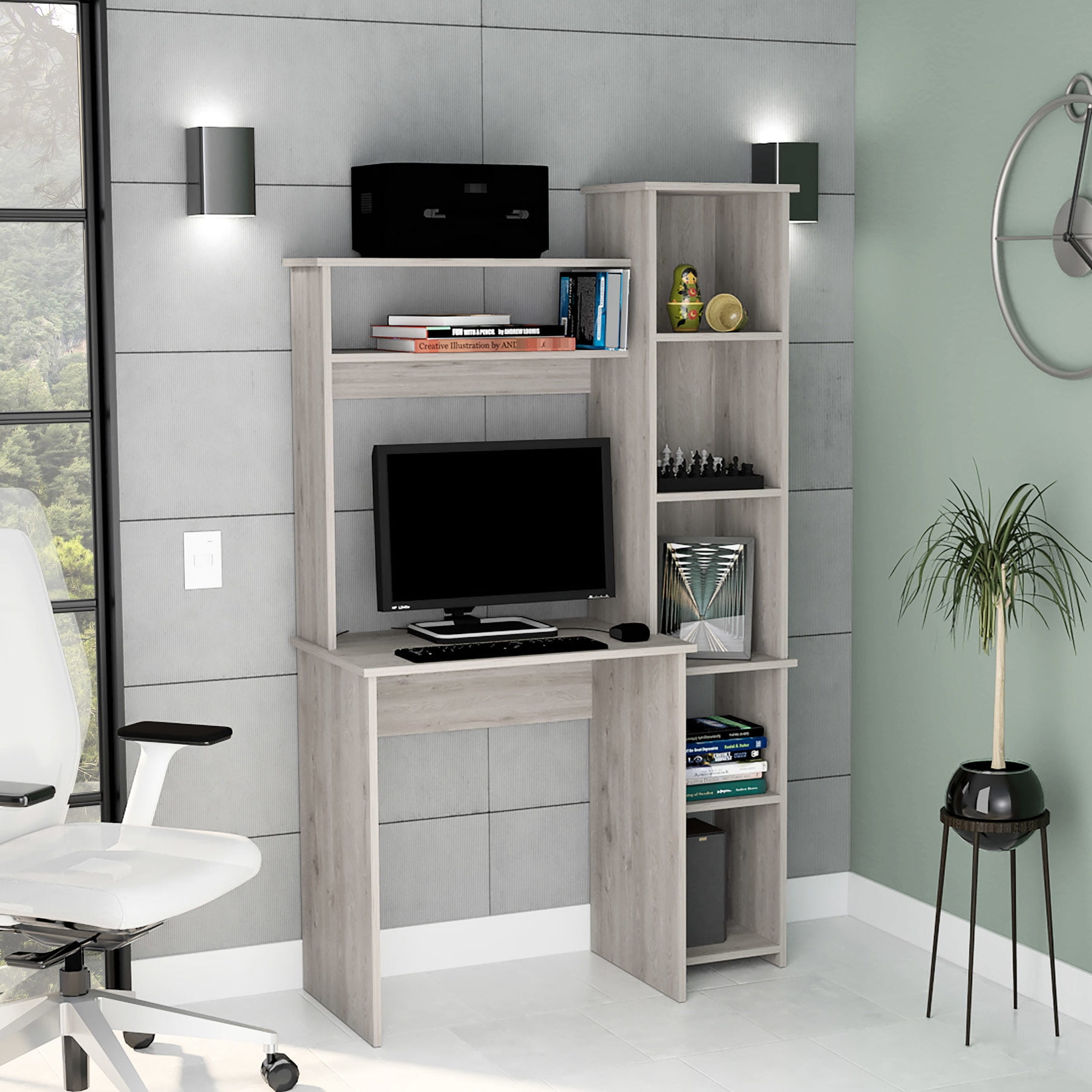 Desk with hutch and five - shelf side unit | Creates a useful workspace ...
