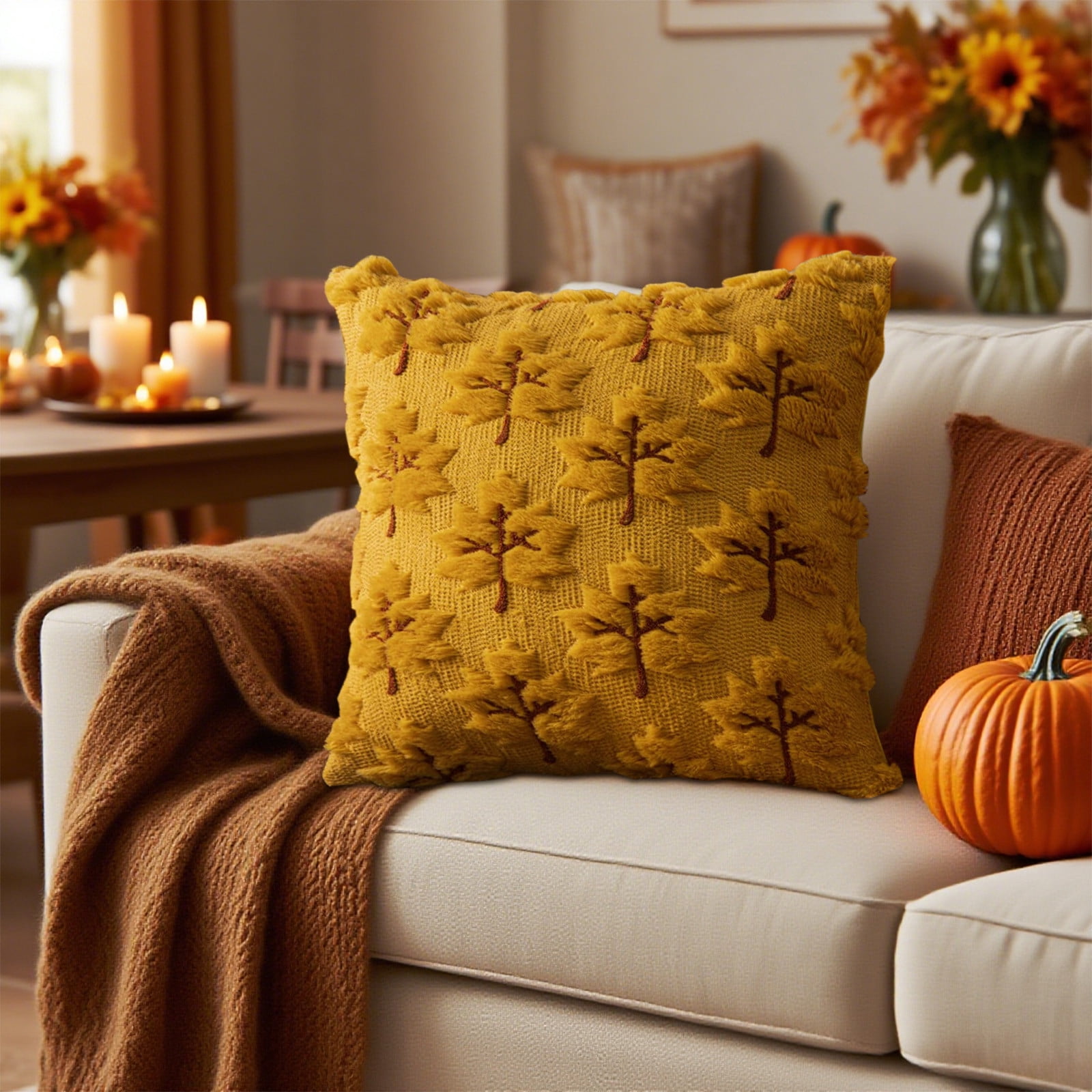 DeskAKBK Autumn Plush Throw Pillow Cover with 3D Leaves Embroidery ...