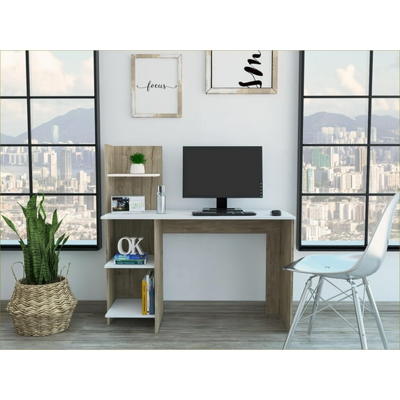 Desks, 120-Inch Modern Writing Desk with Four Shelves - Light Oak/White ...