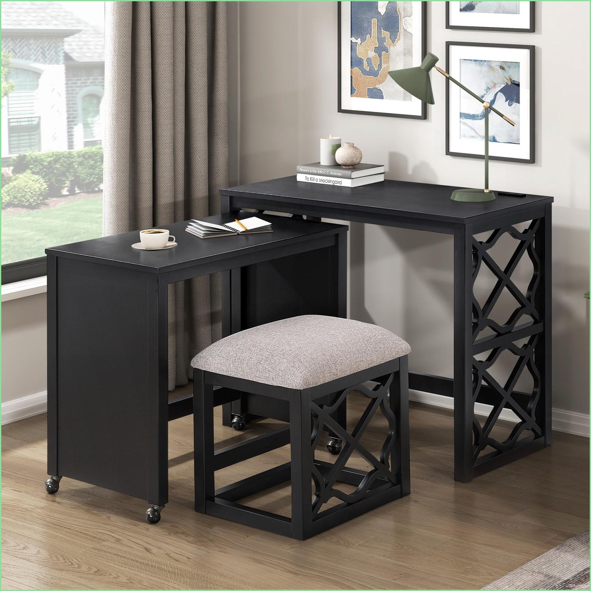 Desks 3pc Home Office Set: Rolling Desk, Stool & 2 USB Ports | Black ...