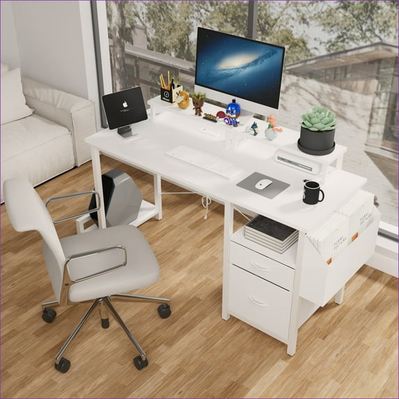 Desks 47.3” Home Office Computer Desk with Power Outlet, 2 Monitor ...