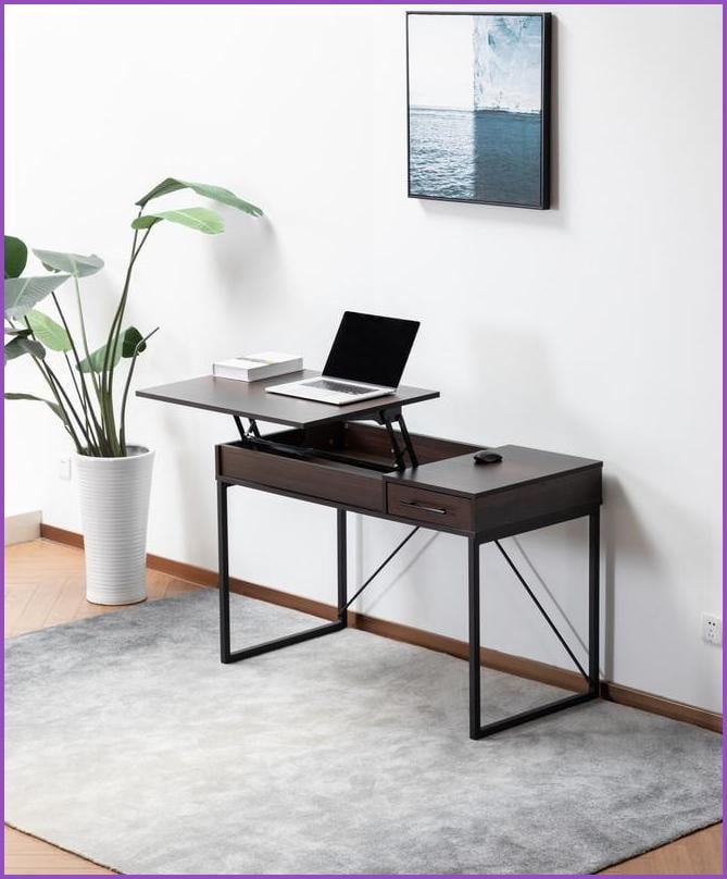 Desks: 47\" Dark Brown Lift Top Desk with Hidden Storage & Drawer ...