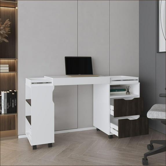 Desks 54'' Expandable 2-Drawer Desk with 7 Shelves & Casters White ...
