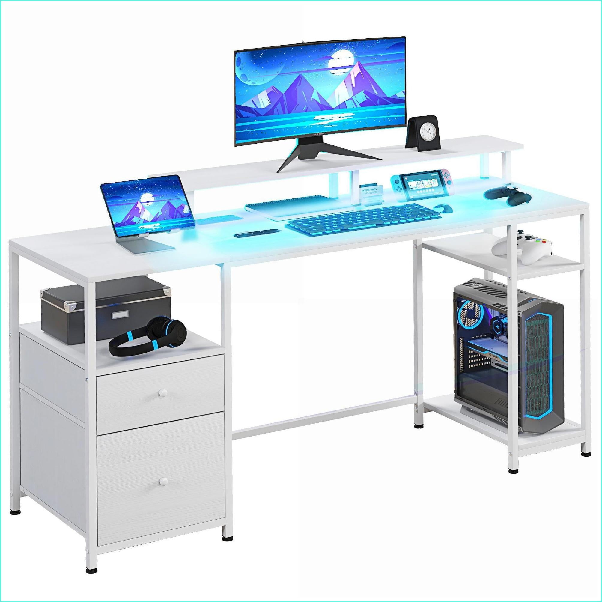 Desks 61” Distressed White Computer Desk with LED Lights, Power Outlets ...