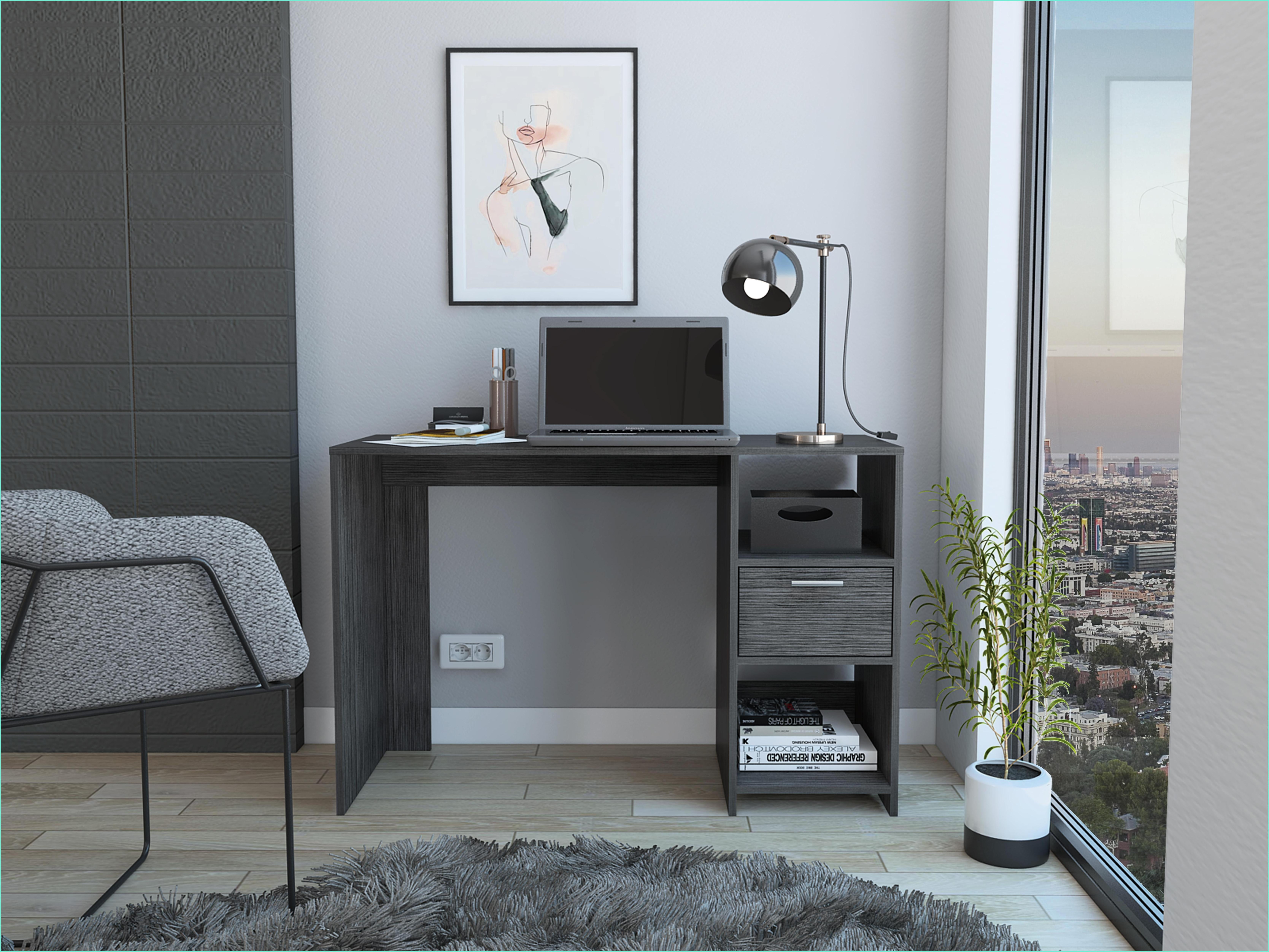 Desks, Compact 43.3”W Computer Desk with 1 Drawer & 2 Shelves | Grey ...