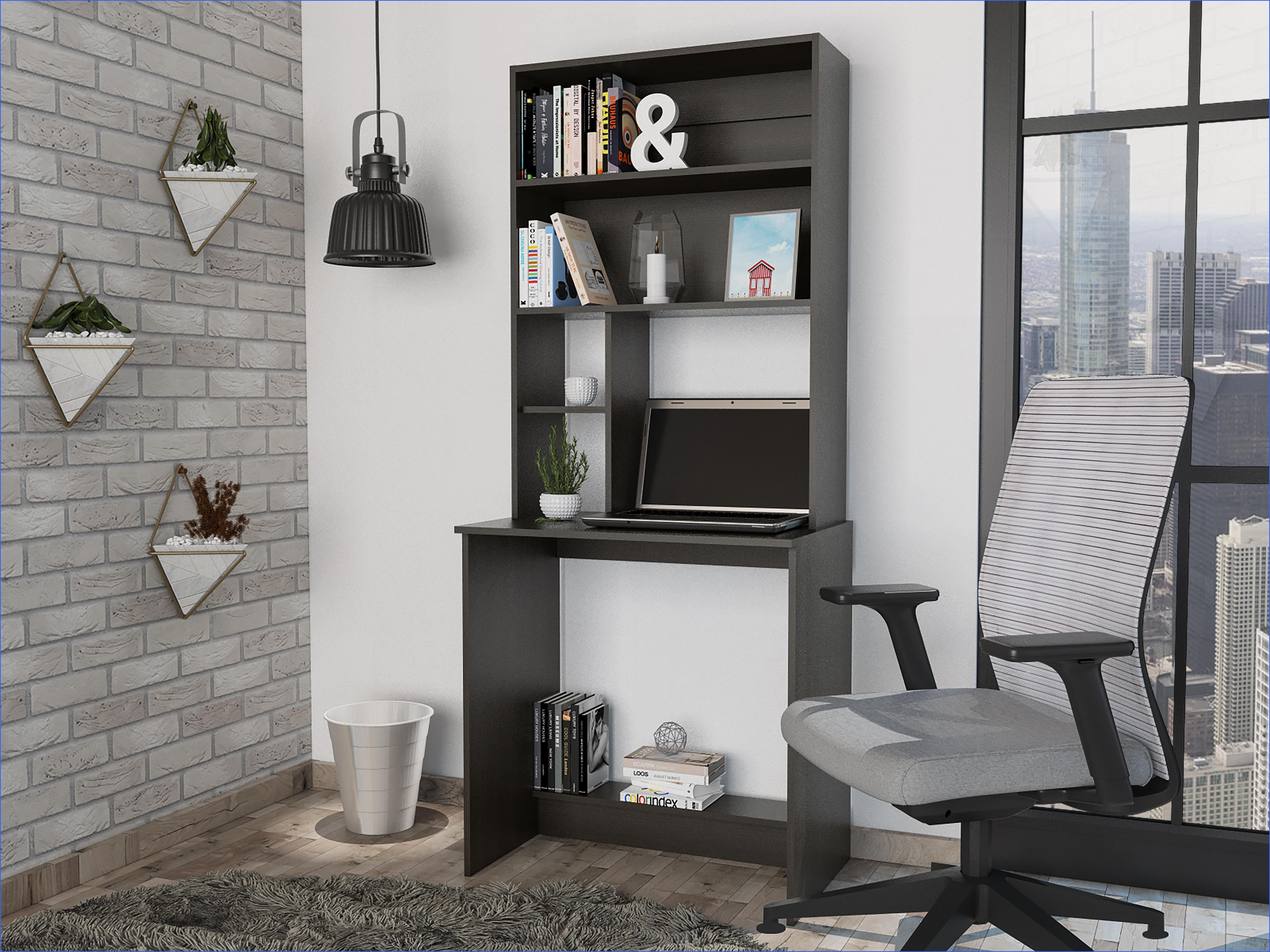 Desks | Computer Hutch Desk with 4 Shelves & 1 Lower Shelf | Black ...