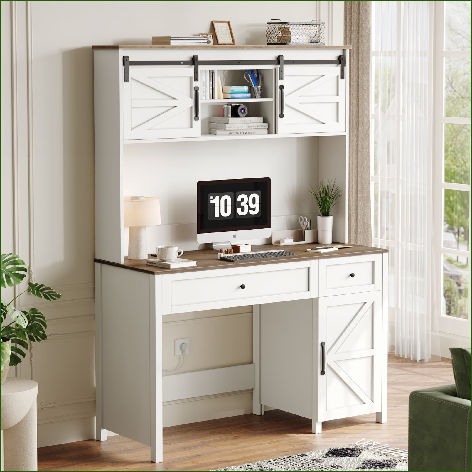 Desks | Farmhouse Executive Desk with Charging Station, Storage Drawers ...