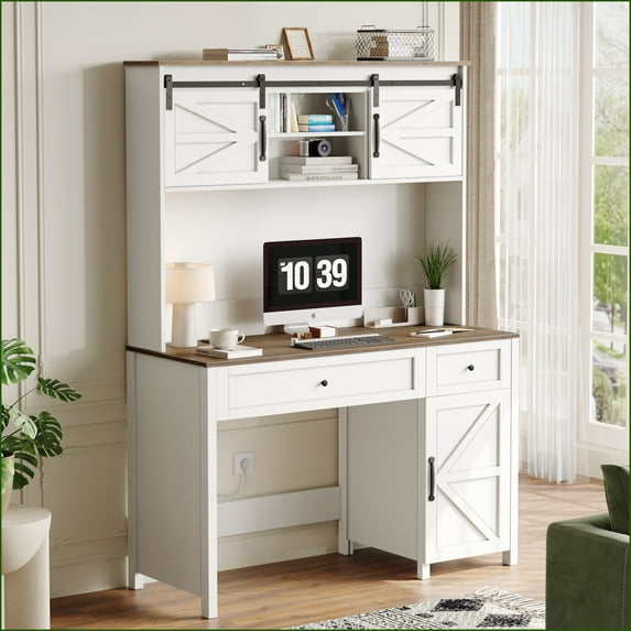 Desks | Farmhouse Executive Desk with Charging Station, Storage Drawers ...
