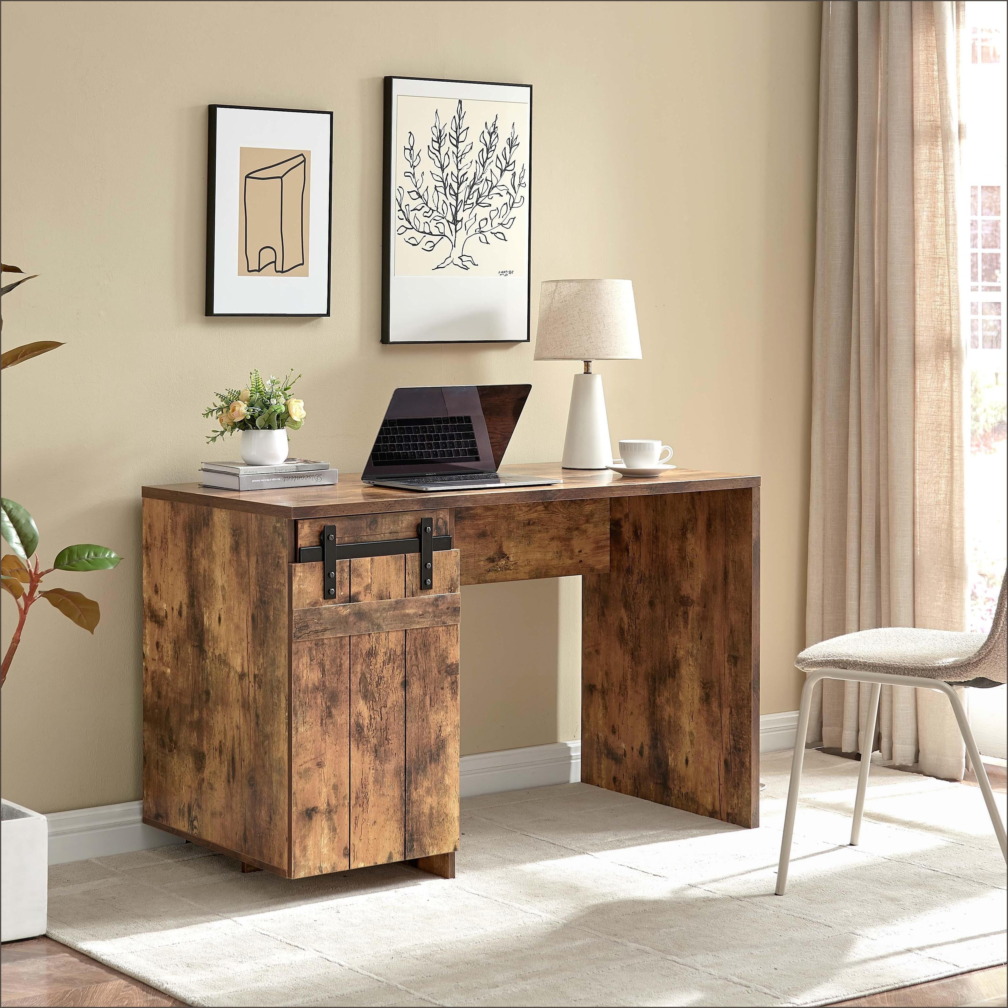 Desks Farmhouse Faux Distressed Wood with Barn Door Cabinet, 3 Shelves ...
