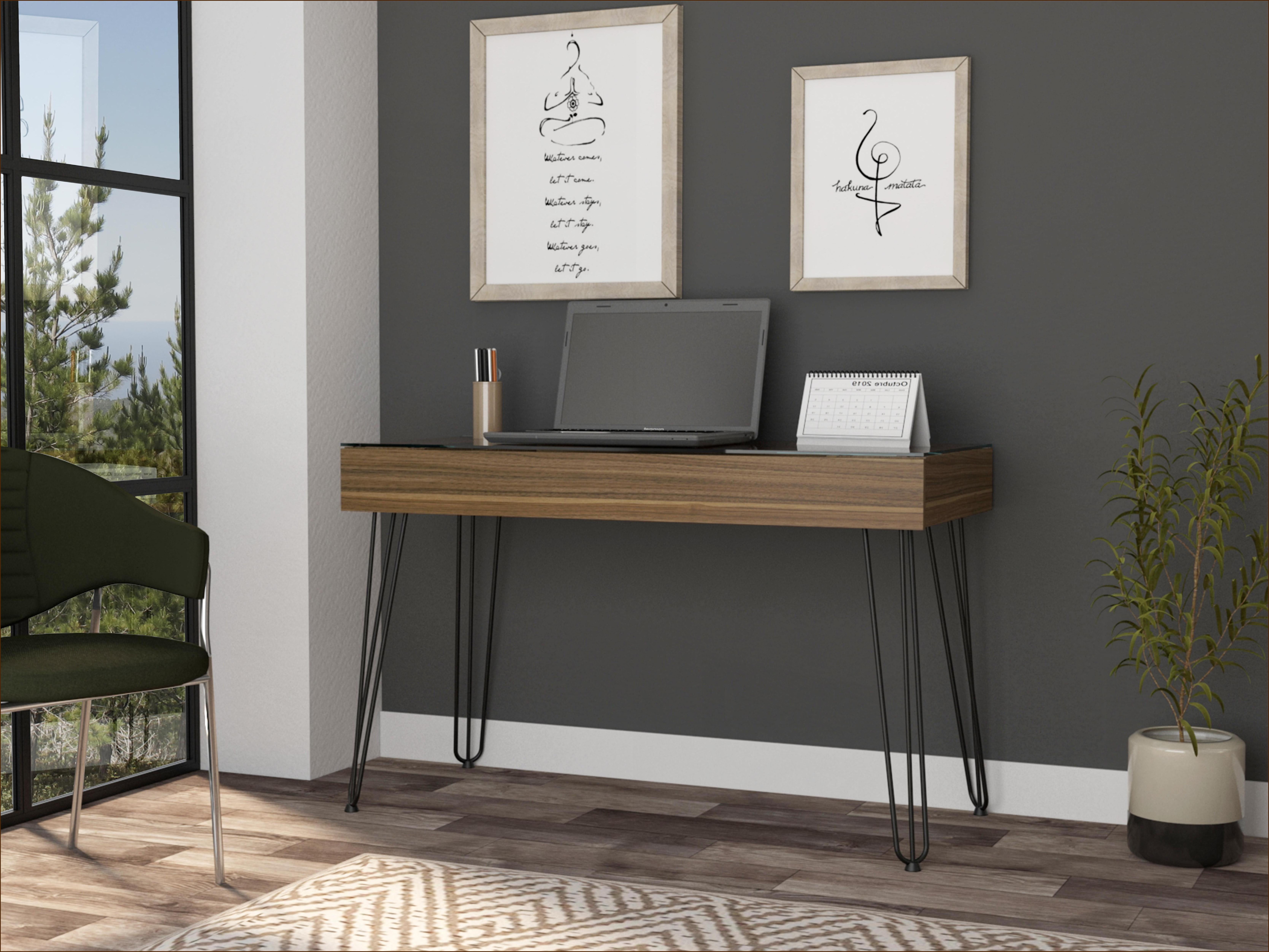 Desks, Industrial 120” Desk with Glass Top, 1 Spacious Drawer, Metal ...
