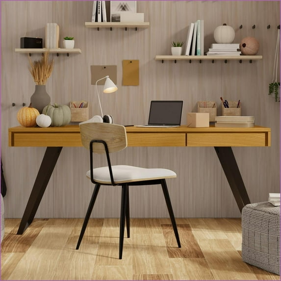 Desks, Industrial 72”W Large Desk with Keyboard Tray & 2 Drawers | Oak ...