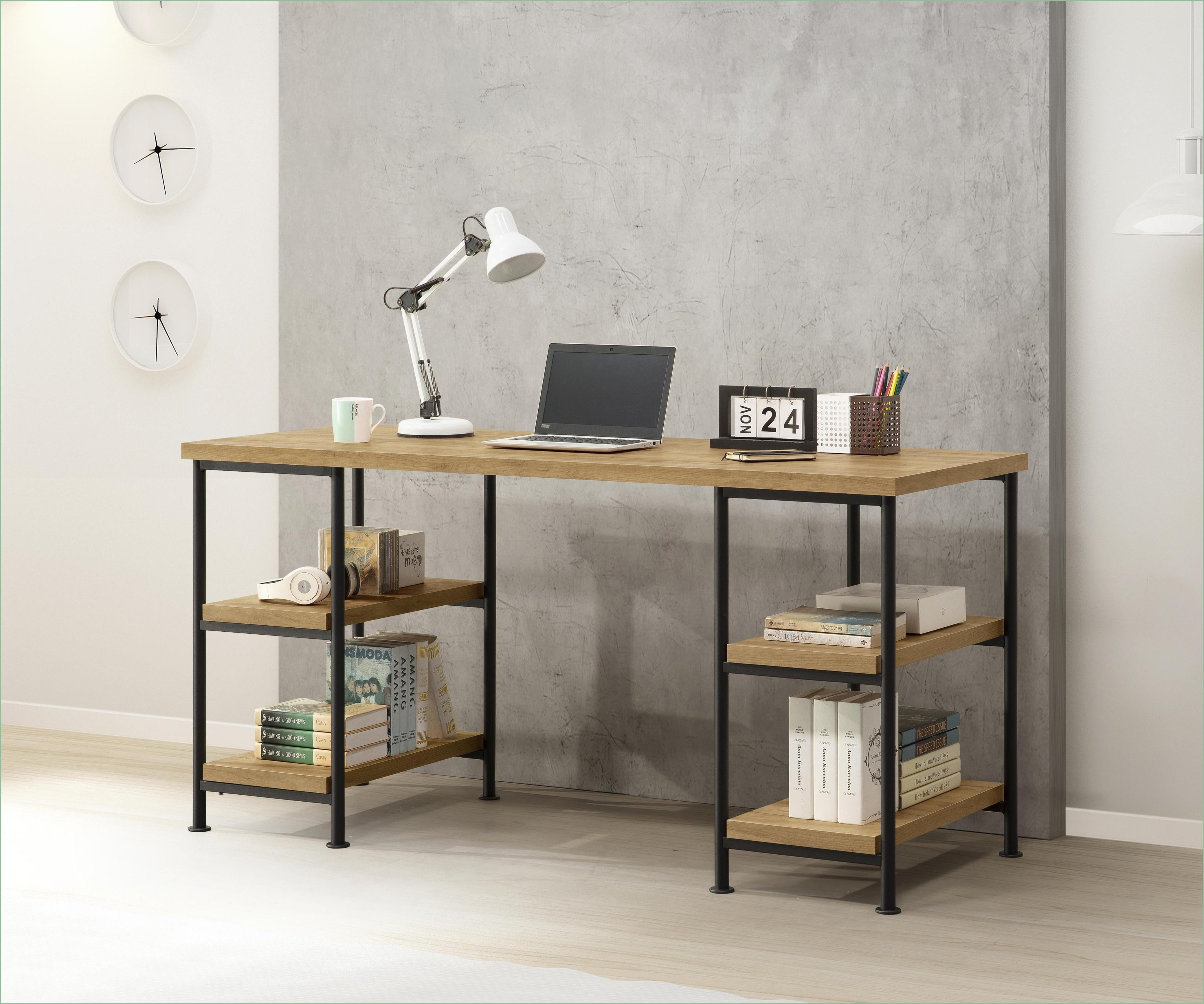 Desks, Industrial Golden Oak MDF+Metal Desk with 4 Storage Shelves ...