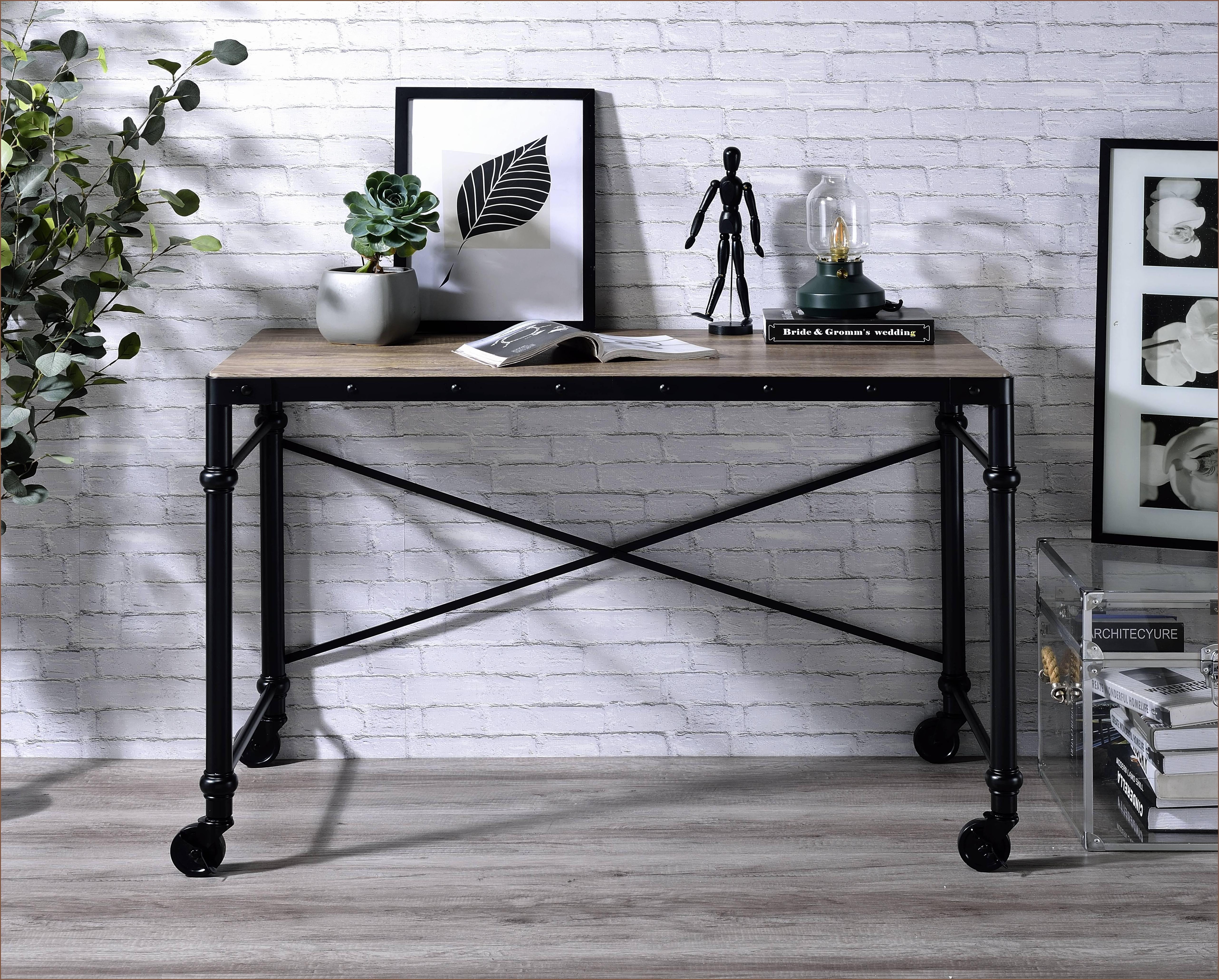 Desks, Industrial Rustic Oak & Black Writing Desk with Wheels | Metal ...