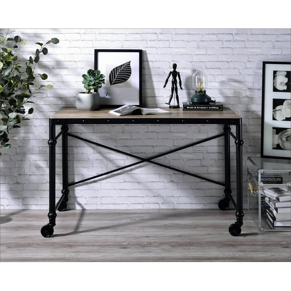 Desks, Industrial Rustic Oak & Black Writing Desk with Wheels | Metal ...