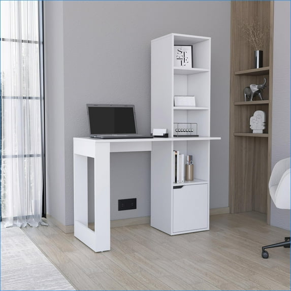 Desks, Iowa Computer Desk with 1-Cabinet & 4-Tier Bookcase | White ...