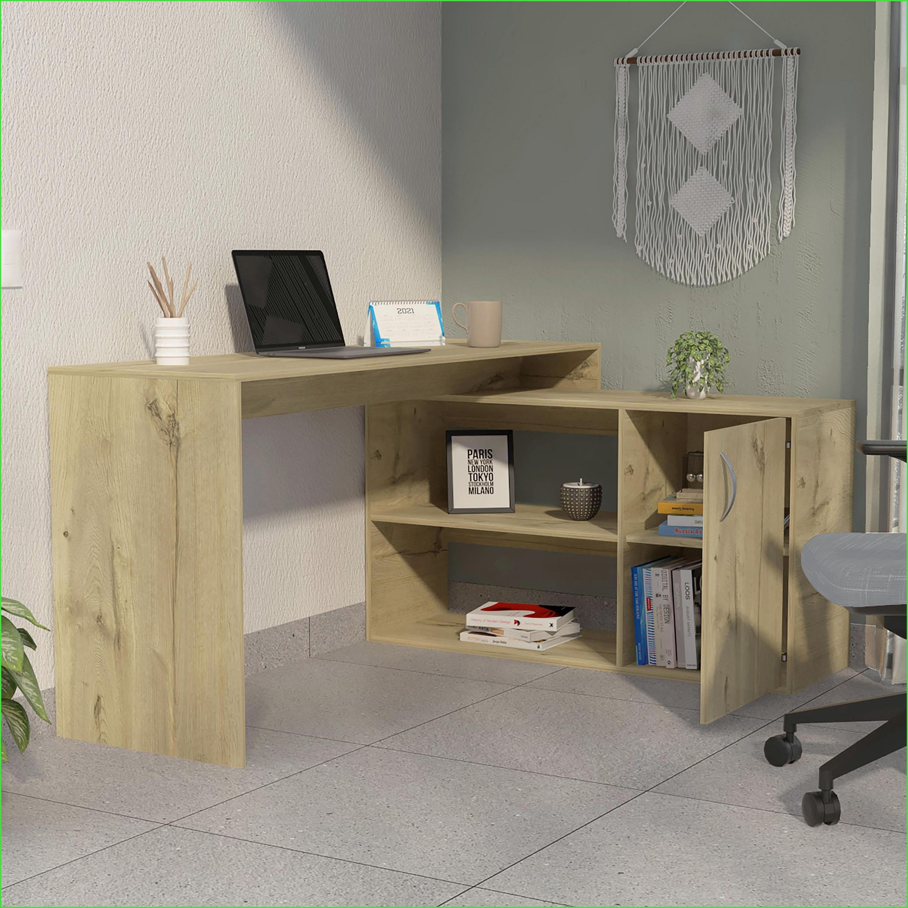 Desks | L-Shaped Office Desk with 1 Cabinet & 2 Shelves | Light Oak ...