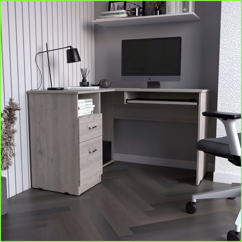Desks, L-Shaped with Left Return, Keyboard Tray, 2 Drawers & Open Shelf ...