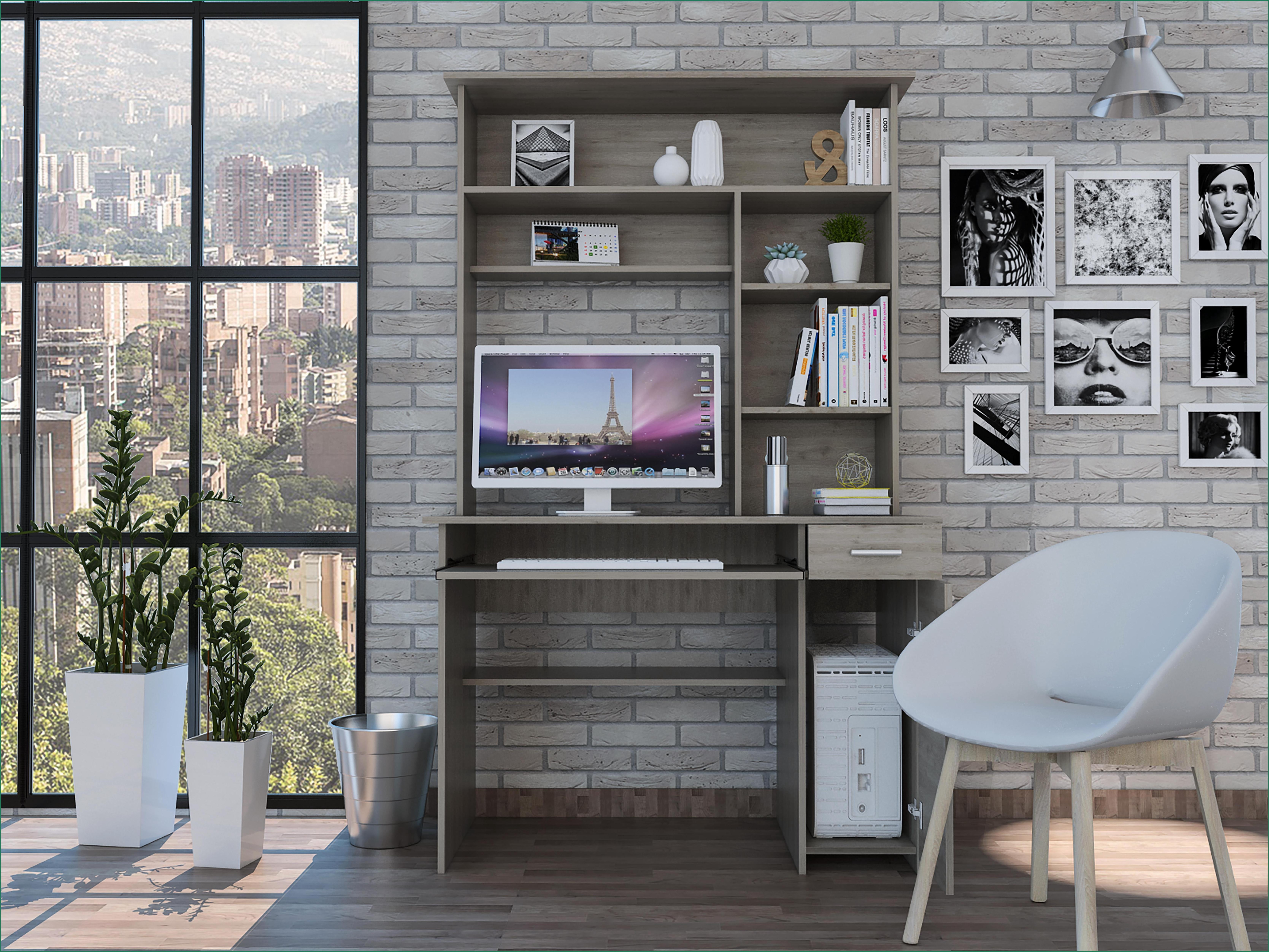 Desks: Modern 2-Drawer 6-Shelf Hutch Computer Desk with Door, Light ...