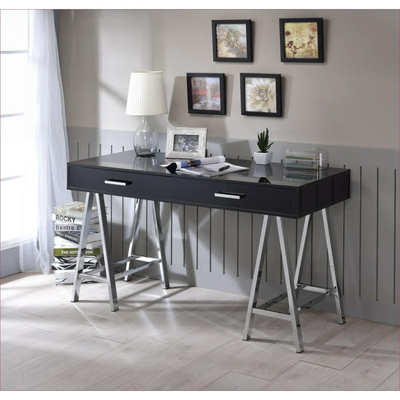 Desks Modern Black High Gloss Writing Desk with 2 Drawers, Chrome Metal ...