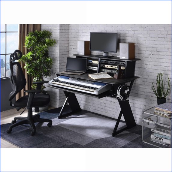Desks, Modern Black Music Desk with Keyboard Tray & Storage Shelf ...
