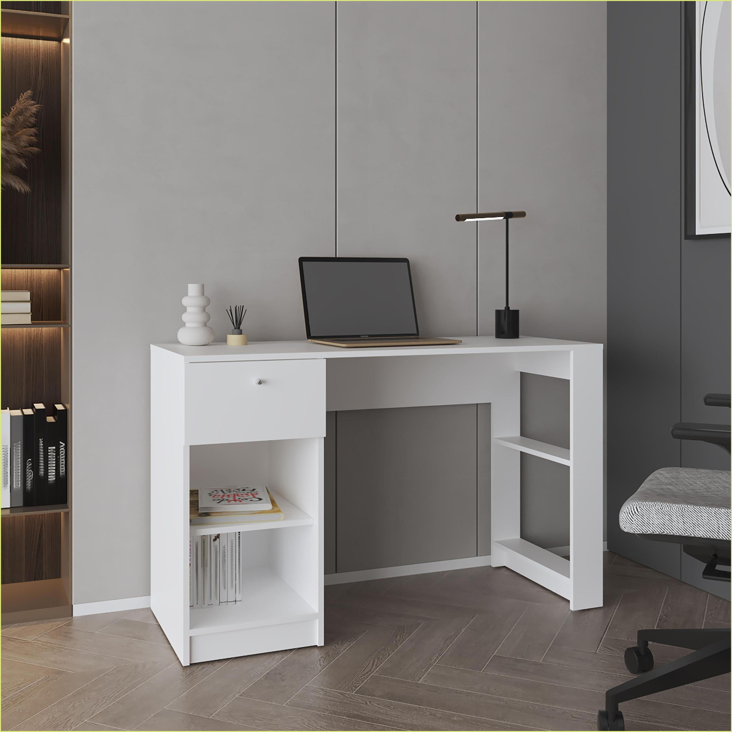 Desks: Modern Computer Desk with 1 Drawer & 2 Shelves | White ...