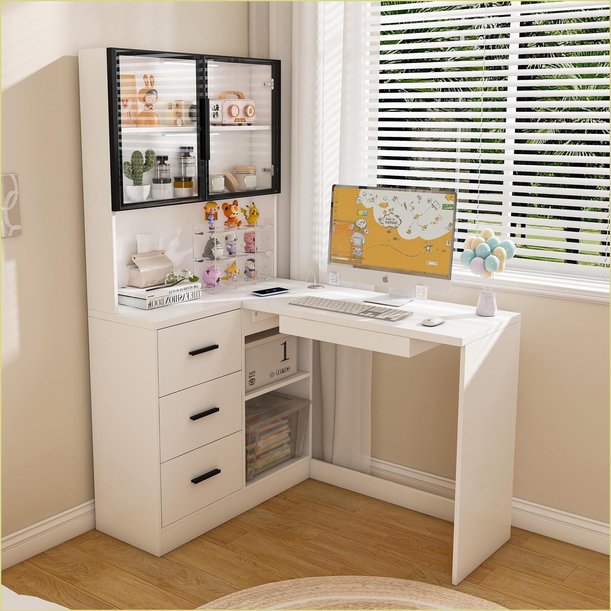 Desks, Modern L-Shaped Computer Desk with Glass Cabinets, LED Lights ...