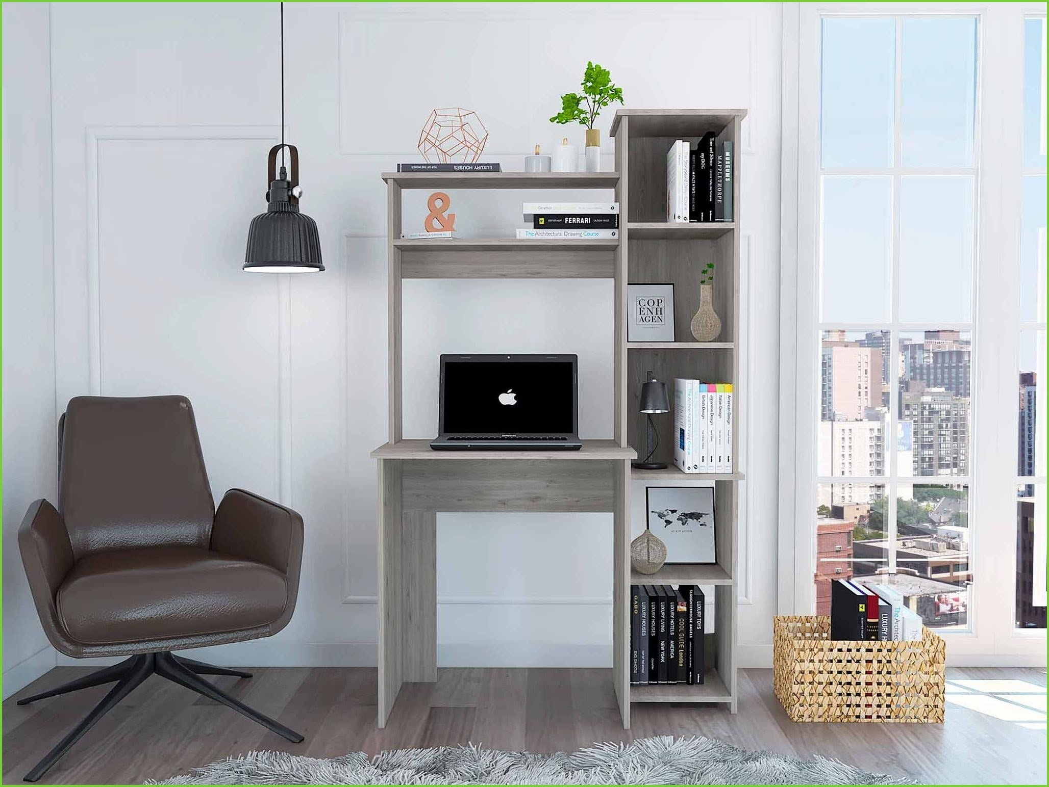 Desks, Modern Light Gray Writing Desk with Built-in 7-Shelf Bookcase ...