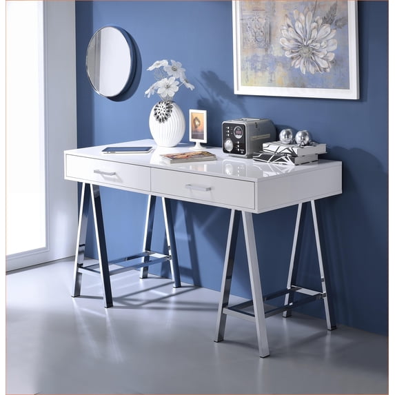 Desks Modern White High Gloss Writing Desk with USB Ports & 2 Drawers ...