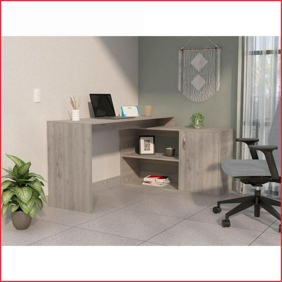 Desks | Ridley L-Shaped Writing Desk with 4 Shelves & 1 Door | Light ...