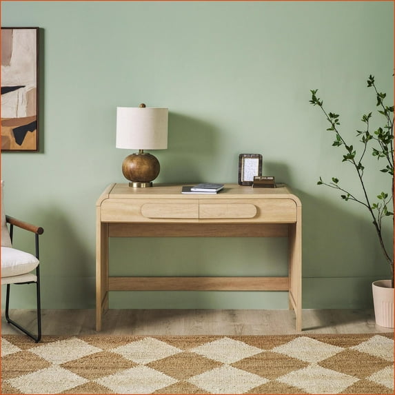 Desks Transitional Curved Waterfall Desk with Drawers | Oak Finish ...