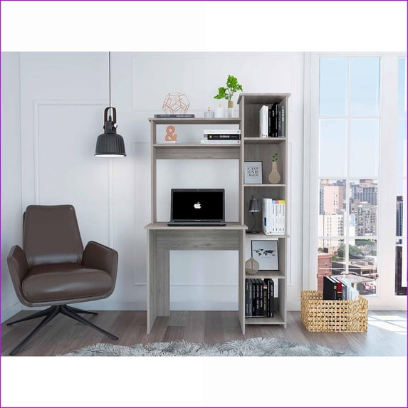 Desks, Writing Desk with Built-in Bookcase & 7 Shelves | Light Gray ...