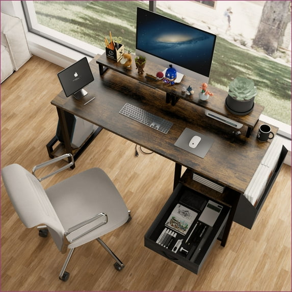 Desks for Home Office, 47” Rustic Brown Computer Desk with Power ...