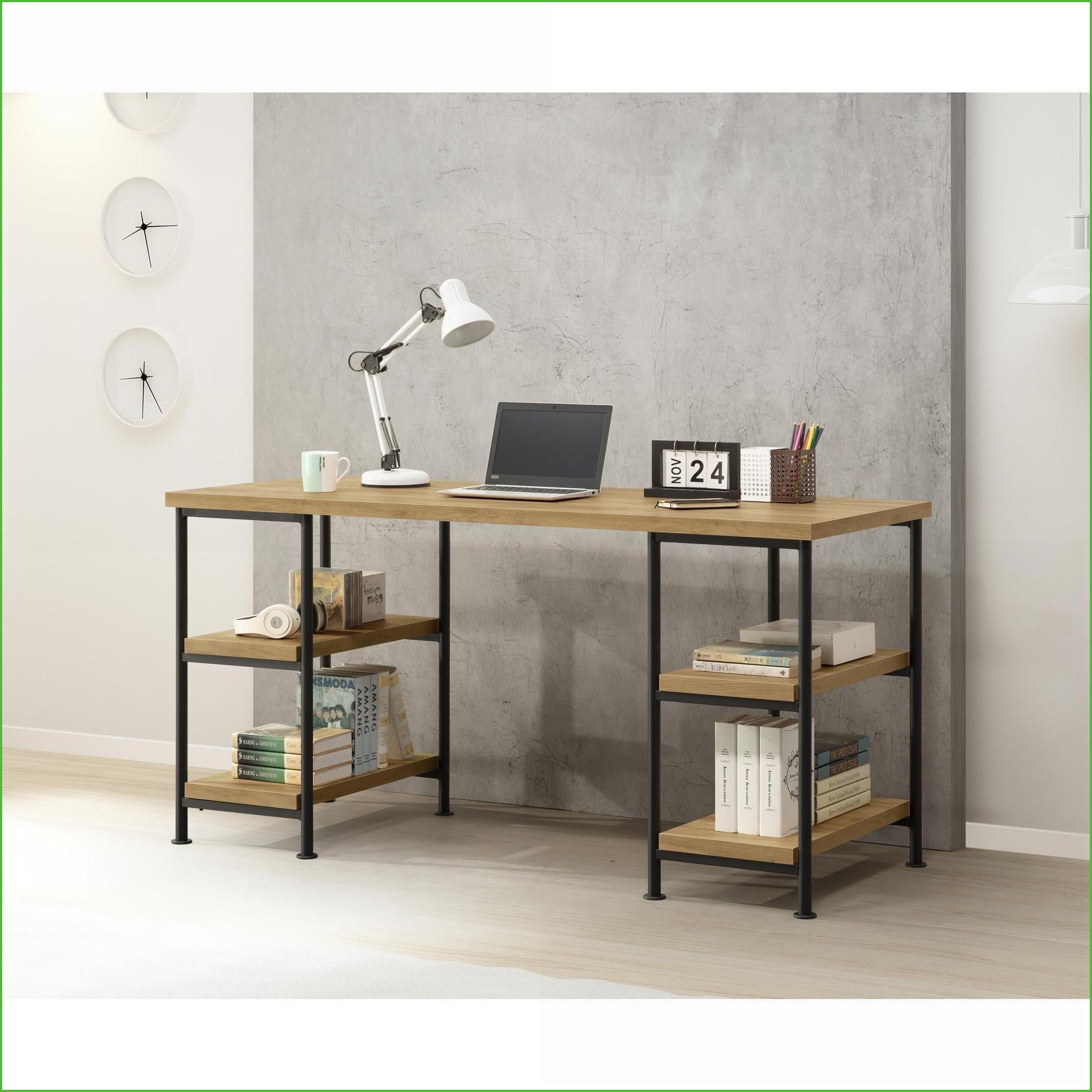 Desks with 4 Storage Shelves, Industrial Open Design, Golden Oak ...