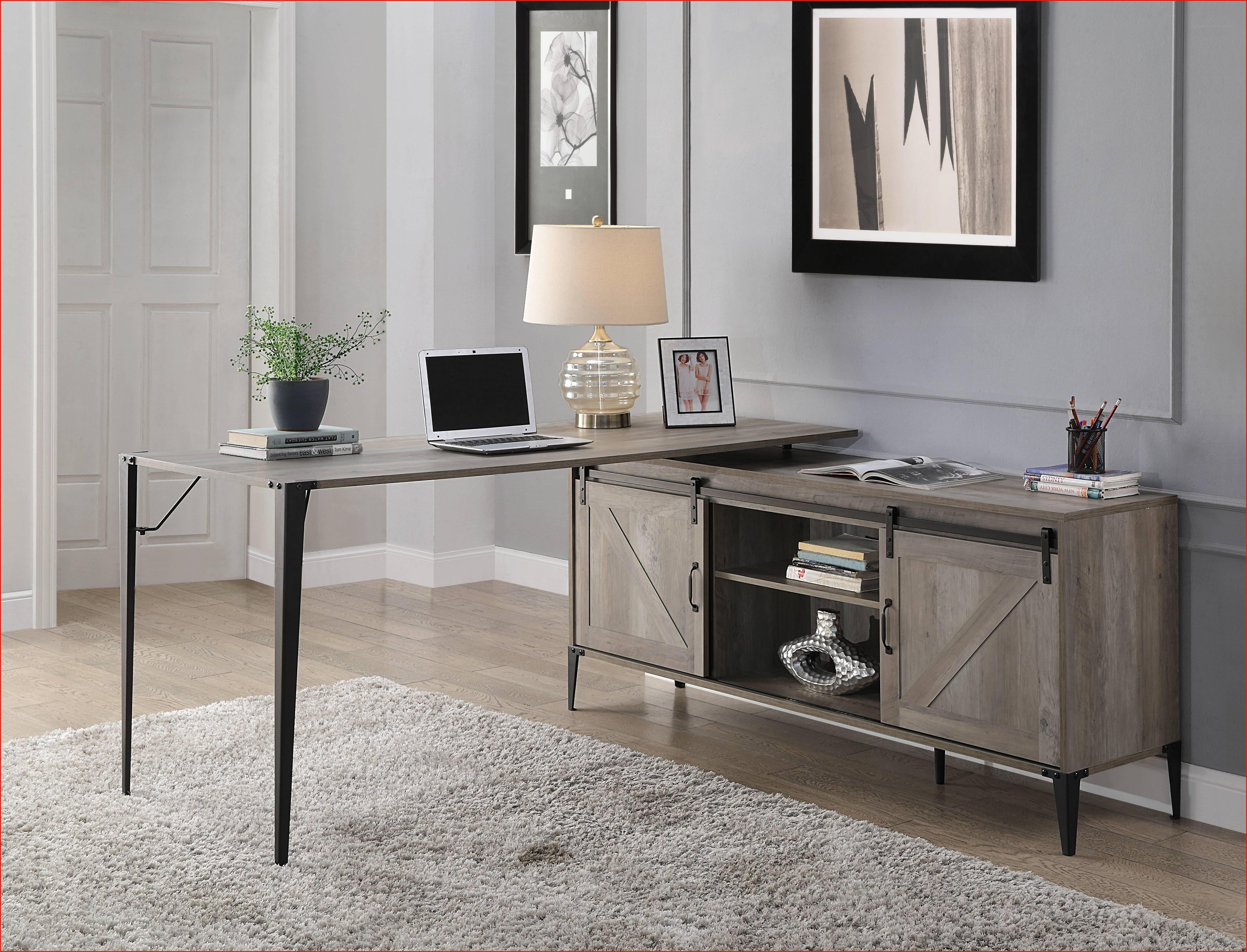 Desks with Storage Cabinet, Gray Oak & Black Composite Wood Writing ...