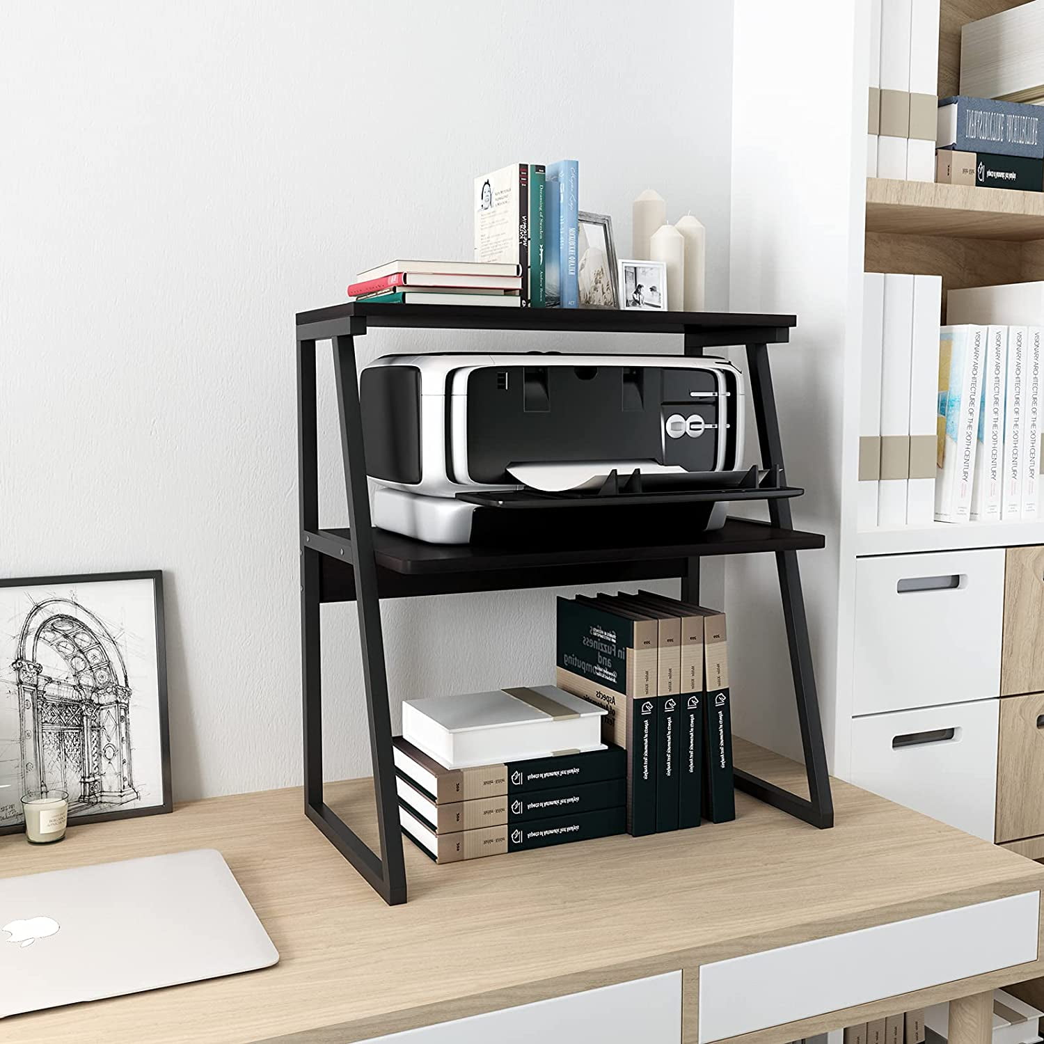 Desktop 3-Tier Wood Printer Stand Black Large Size High Capacity ...