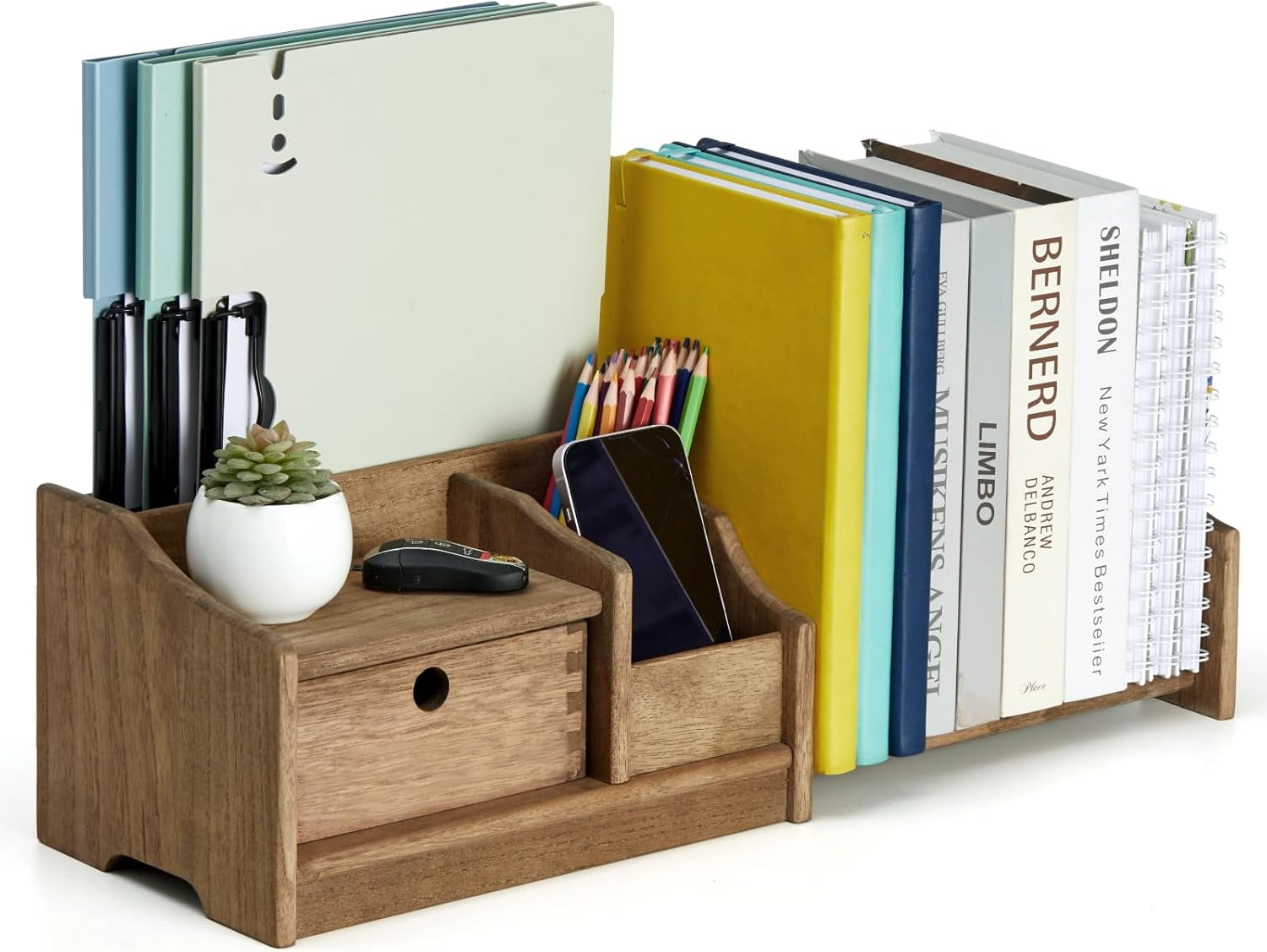 Desktop Adjustable Organizer Storage Book Shelf with Drawer Wooden Desk ...