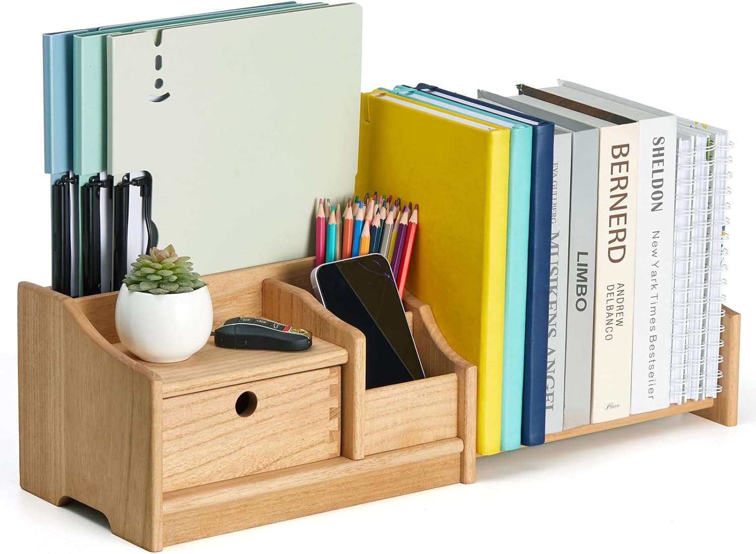 Adjustable Wooden Desktop Organizer with Drawer, Expandable Book Rack ...