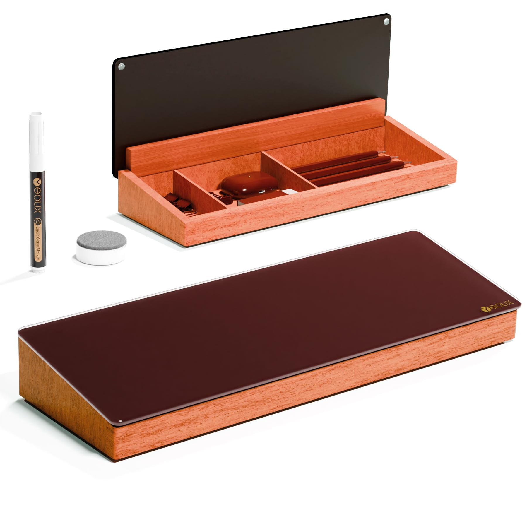 Desktop Black Glass Dry Erase Board with Wood Organizers for Small ...