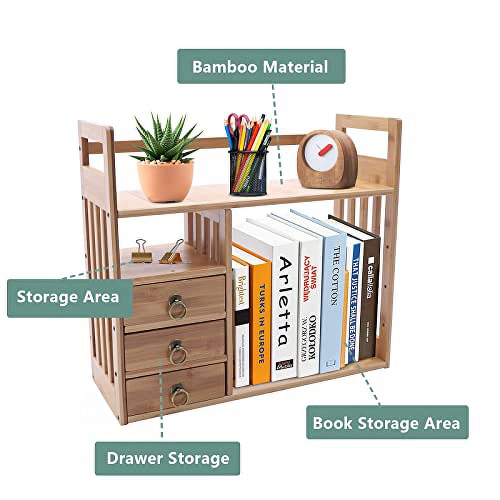 Desktop Book Organizer Bamboo Storage Rack for Desk with 3 Drawers Desk ...