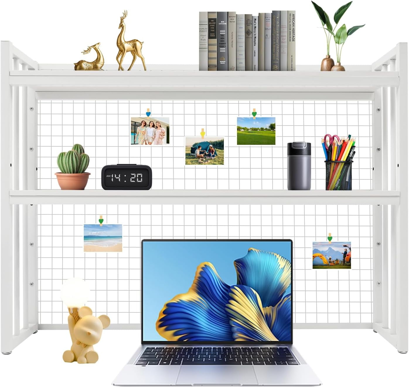 Desktop Bookcase with Desk, Adjustable Height Hutch Bookshelf Organizer ...