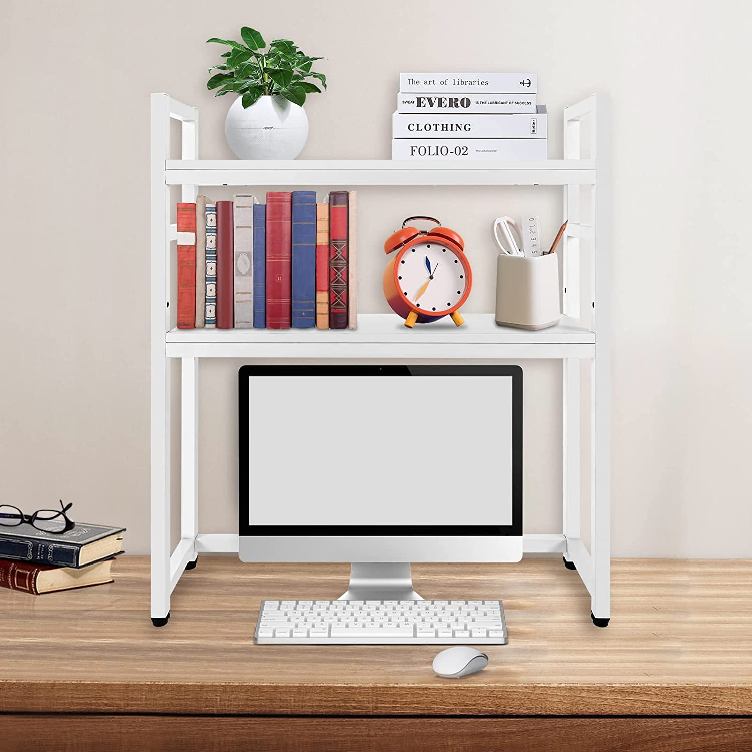 Desktop Bookshelf, 2-Tier Multipurpose Countertop Storage Hutch for ...