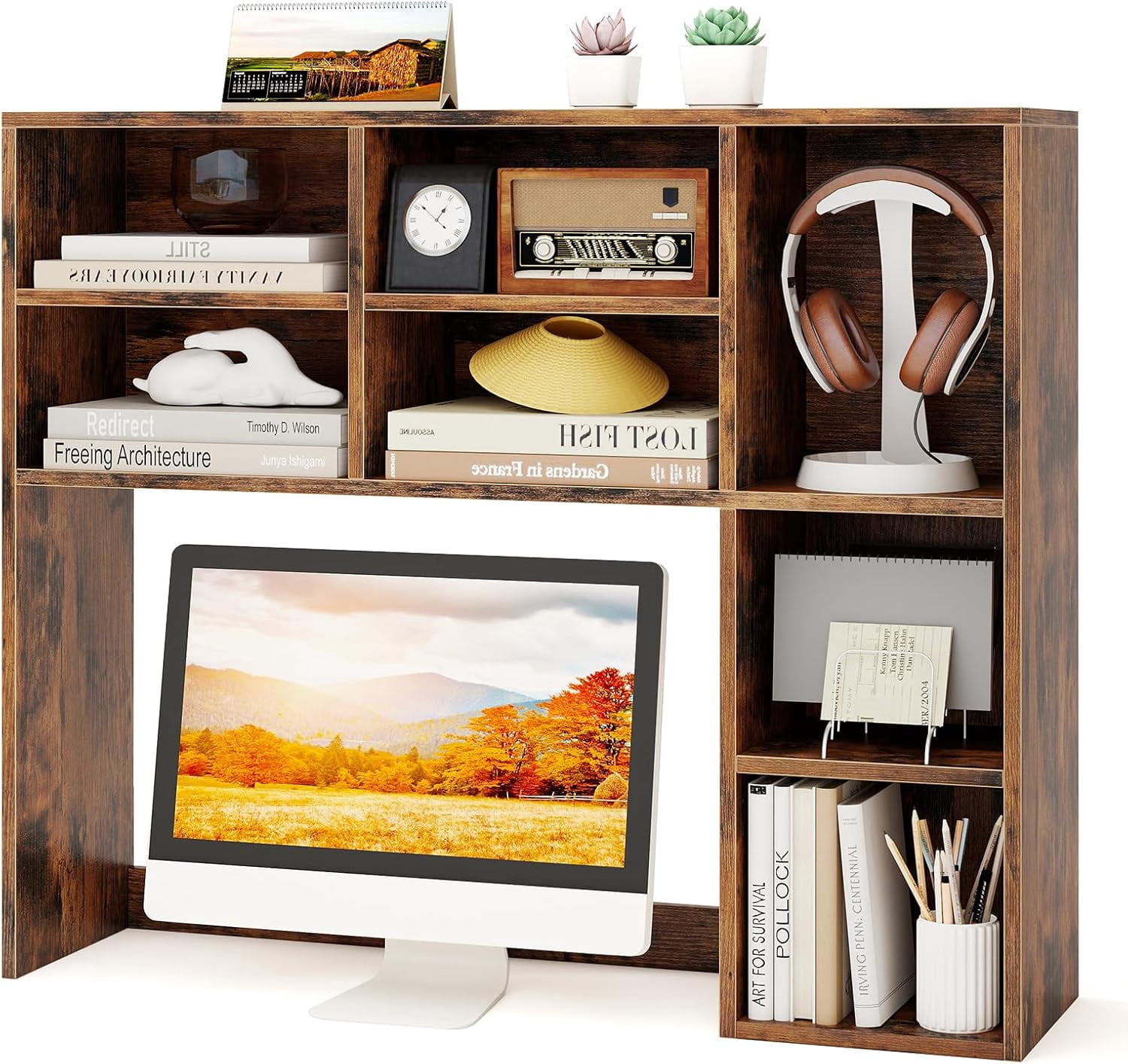 Desktop Bookshelf, 37" Countertop Storage Hutch with 7 Cubes & 3 ...
