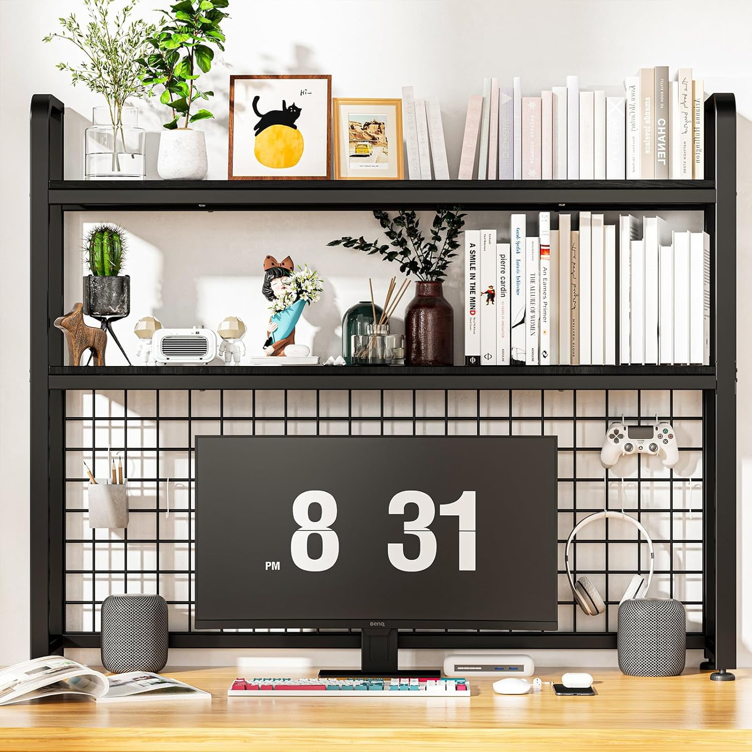 Desktop Bookshelf for Computer Desk, 2-Tier Multipurpose Wood ...