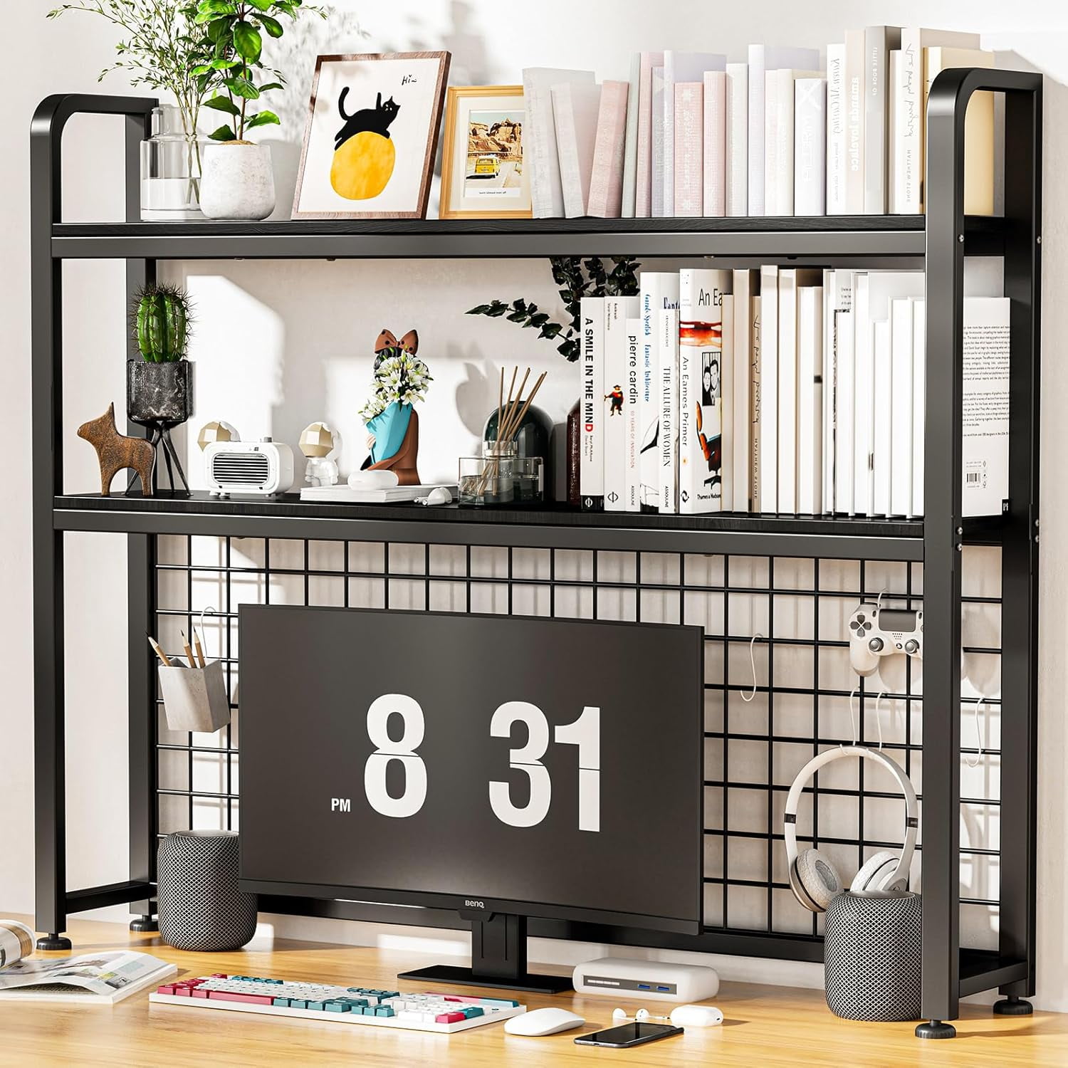 Desktop Bookshelf for Computer Desk, 2-Tier Multipurpose Wood ...