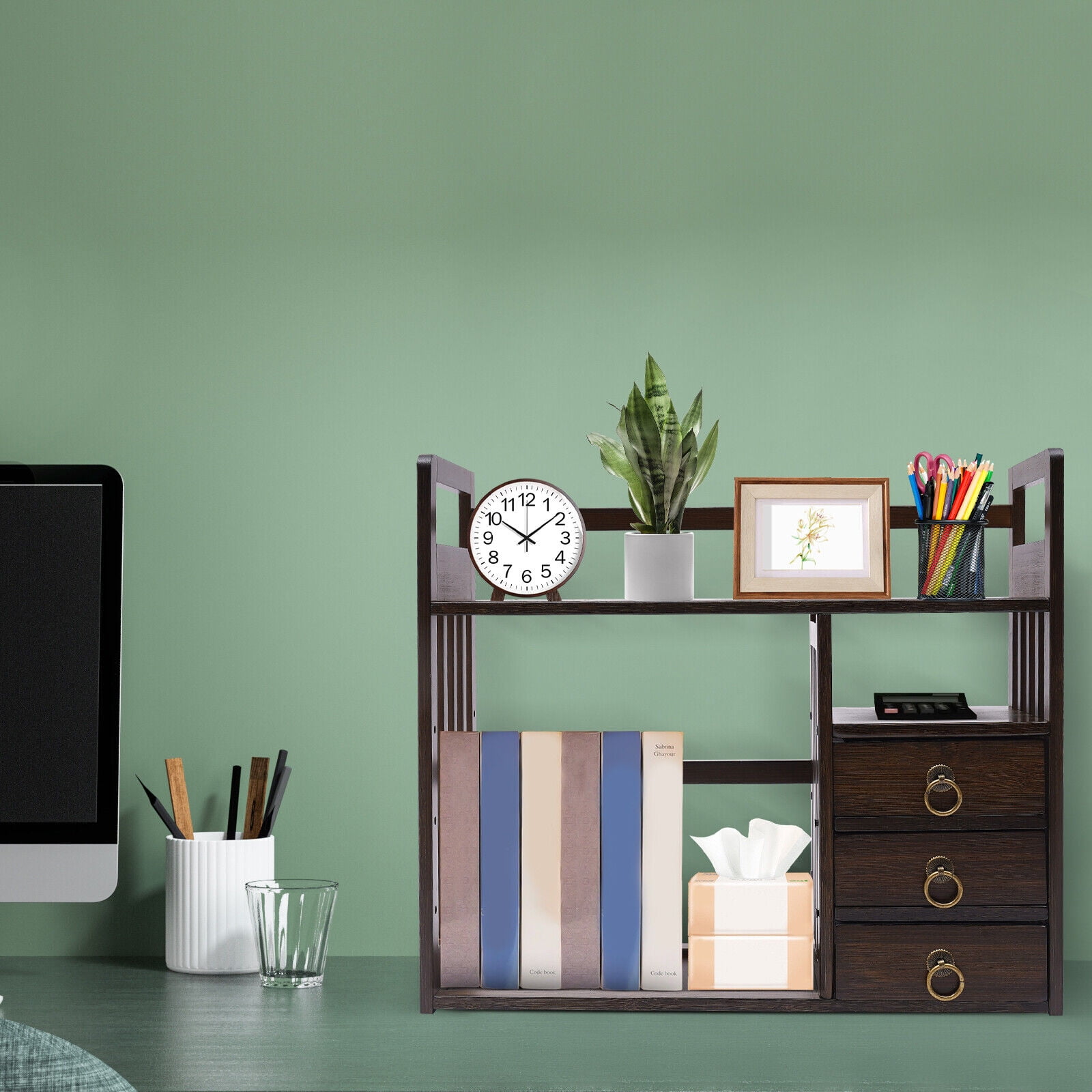Desktop Bookshelf with Drawer, Bamboo Drawers for Desktop, Tabletop ...