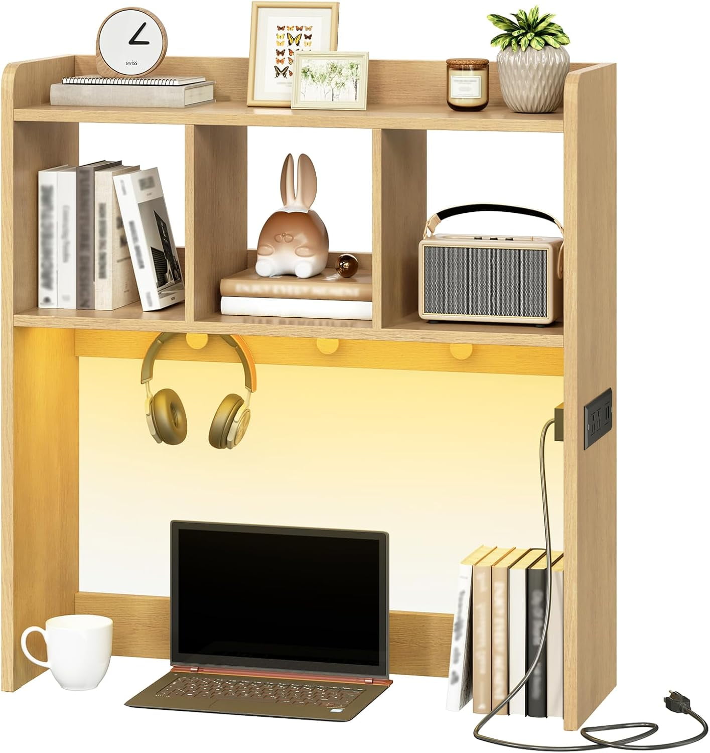 Desktop Bookshelf, Office Desktop Shelf, Desk Hutch with Outlets ...