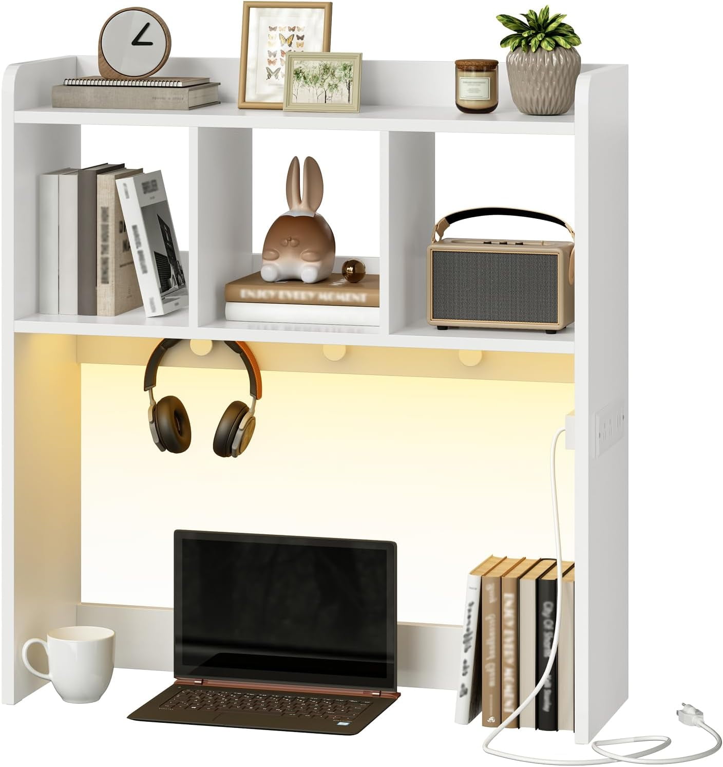 Desktop Bookshelf, Office Desktop Shelf, Desk Hutch with Outlets ...