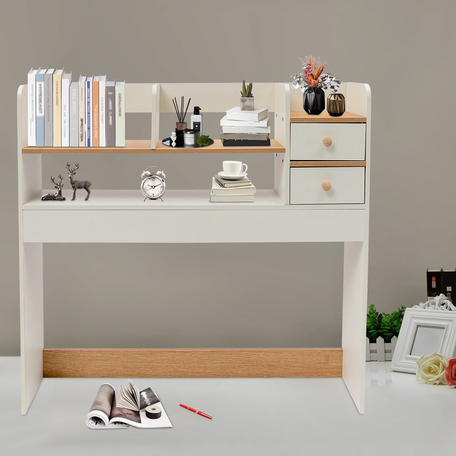 Desktop Bookshelf Organizer, Office Shelves Storage Rack, Natural MDF ...