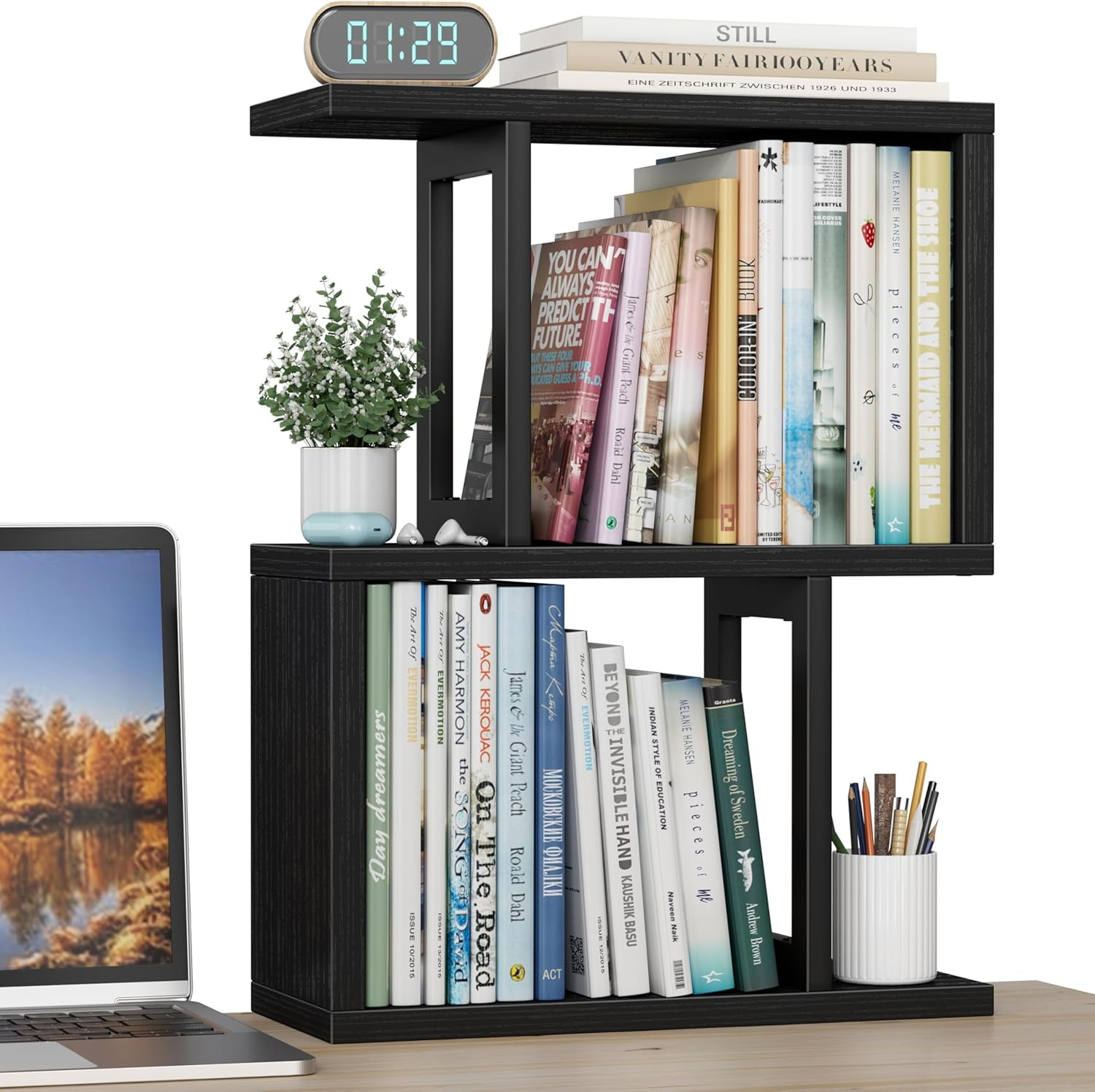 Desktop Bookshelf Shelf for Top of Desk - Black Small Organizer 3-Tier ...