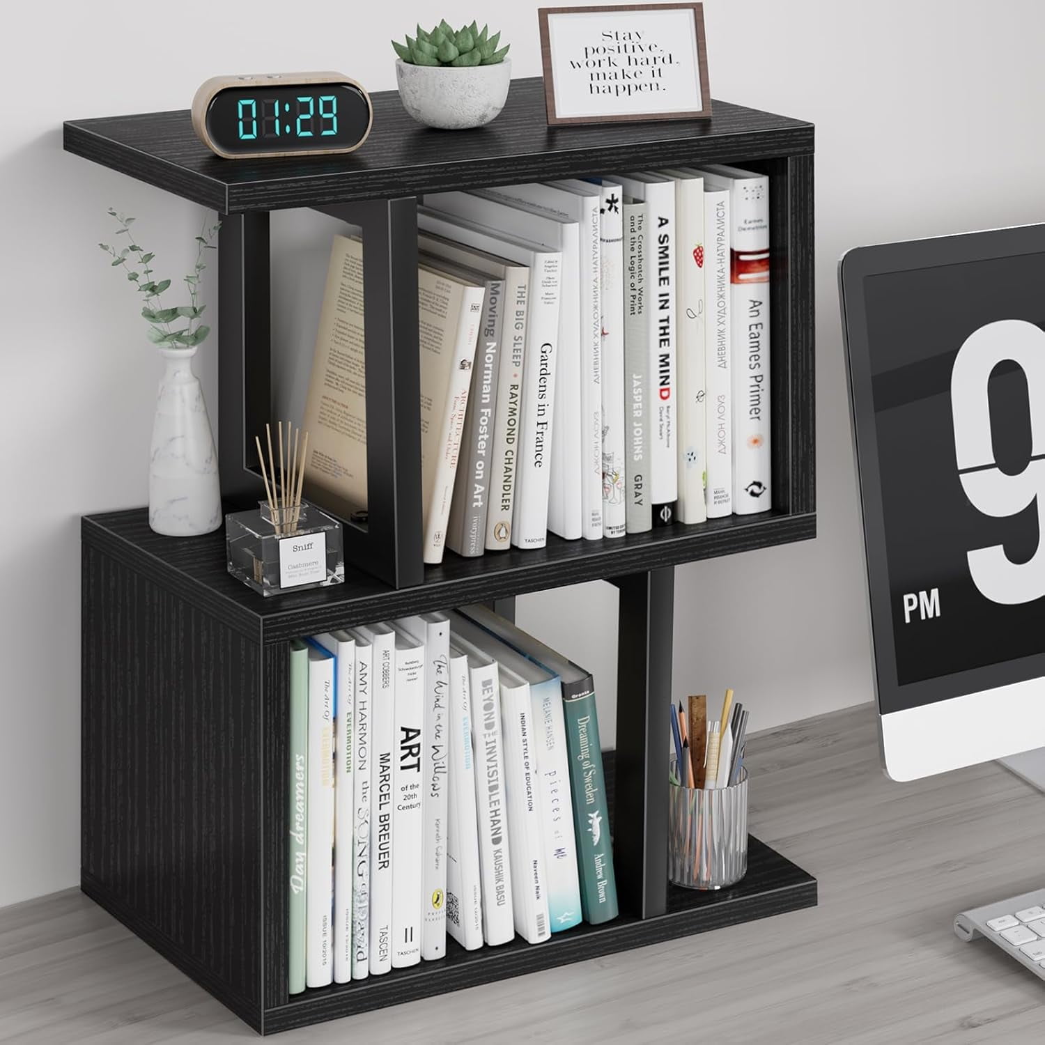 Desktop Bookshelf Shelf for Top of Desk - Black Small Organizer 3-Tier ...